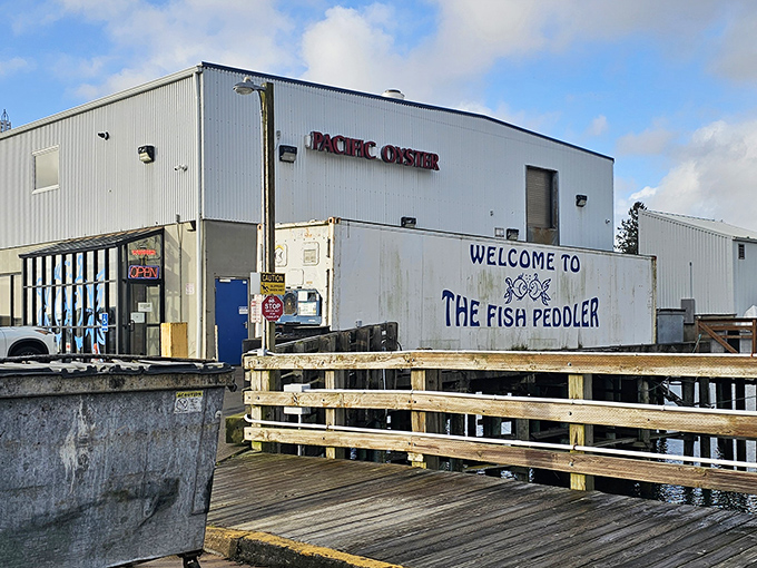 Fish Peddler's Market: Industrial on the outside, seafood paradise within. The wooden walkway leads to oysters so fresh they practically introduce themselves.