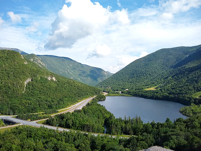 Franconia Notch's majestic mountains cradle a pristine lake &ndash; Mother Nature showing off what she can do when left to her own devices.