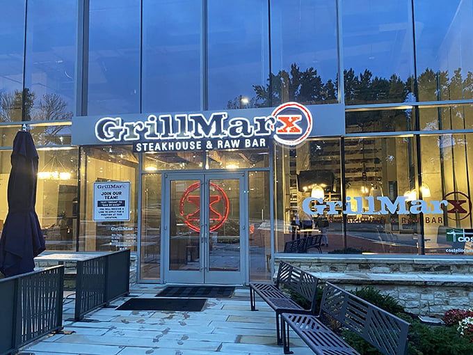 Modern glass meets culinary class at GrillMarx. This sleek exterior hints at the contemporary take on steakhouse traditions waiting inside.