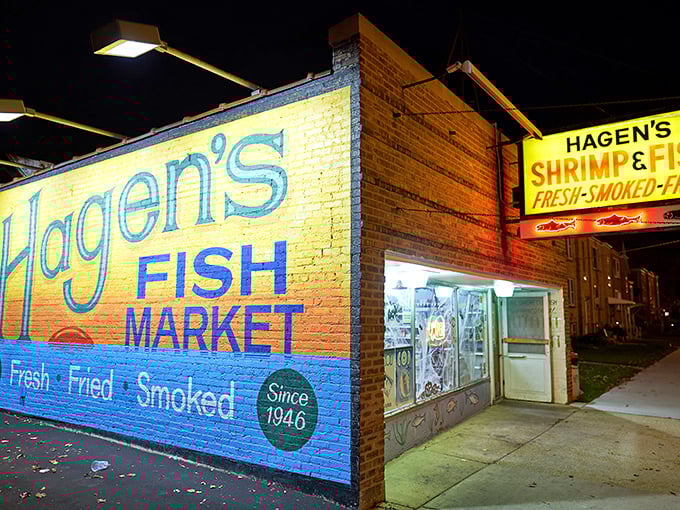 Hagen's vibrant mural tells you everything you need to know—this place takes fish seriously. A splash of color announcing seafood excellence since 1946.