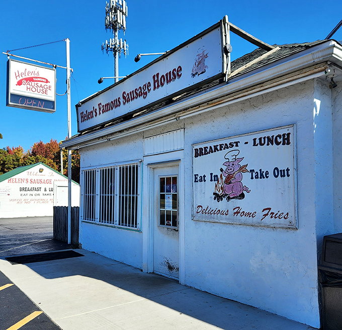Helen's Famous Sausage House doesn't need fancy architecture&mdash;that cartoon pig knows exactly what you came for, and it's not the ambiance.