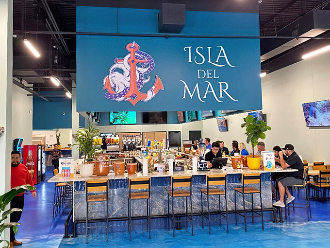 Isla Del Mar's stunning blue floor and anchor logo transport you to coastal waters before you've even ordered.