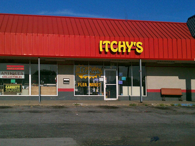 That red roof beckons like a lighthouse for bargain hunters. Itchy's quirky name hints at the character waiting inside.