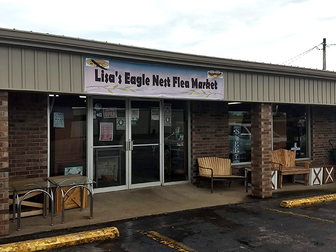 Lisa's Eagle Nest welcomes you with rustic benches and promises of treasures. The taxidermy sign hints at some truly unique finds inside.