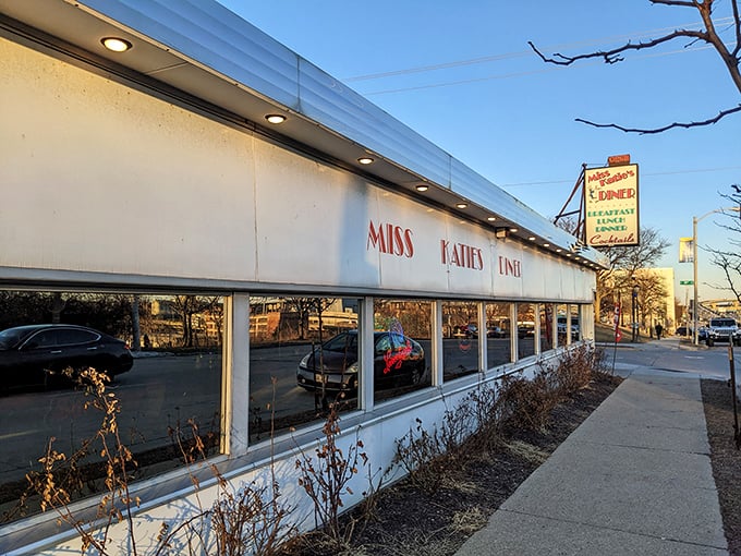 Miss Katie's long, white diner facade stretches like a blank canvas waiting to be filled with breakfast masterpieces.