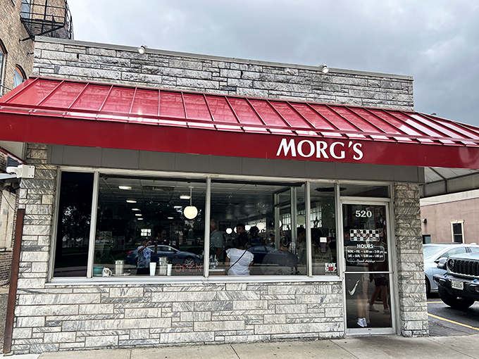 Morg's bright red awning pops against its white stone exterior &ndash; a beacon for breakfast lovers in downtown Waterloo.