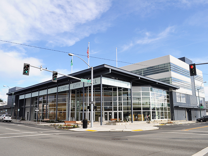 Olympia's modern city hall reflects its status as a capital city with surprisingly reasonable living costs.
