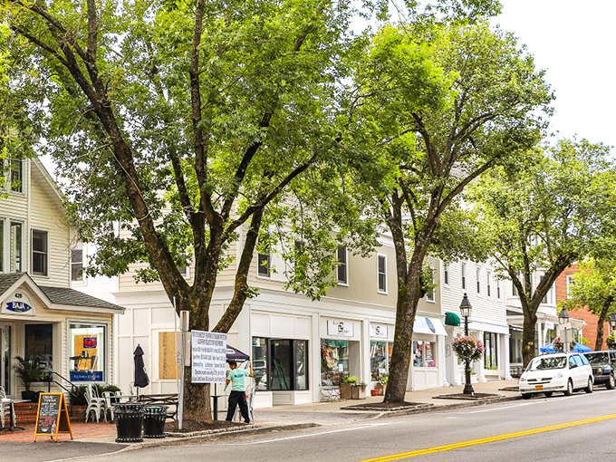 Leafy green trees shade your walk through Ridgefield's beautiful downtown area, where local shops and cozy cafes invite you inside.