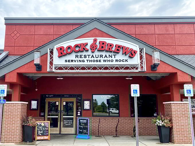 Rock & Brews' fiery red exterior sets the stage for a meal with its own soundtrack. Even the architecture seems ready to strum a power chord.