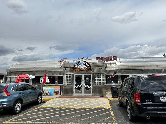 Rosie's classic silver diner exterior shimmers in the sun like a time machine to when breakfast was an art form.
