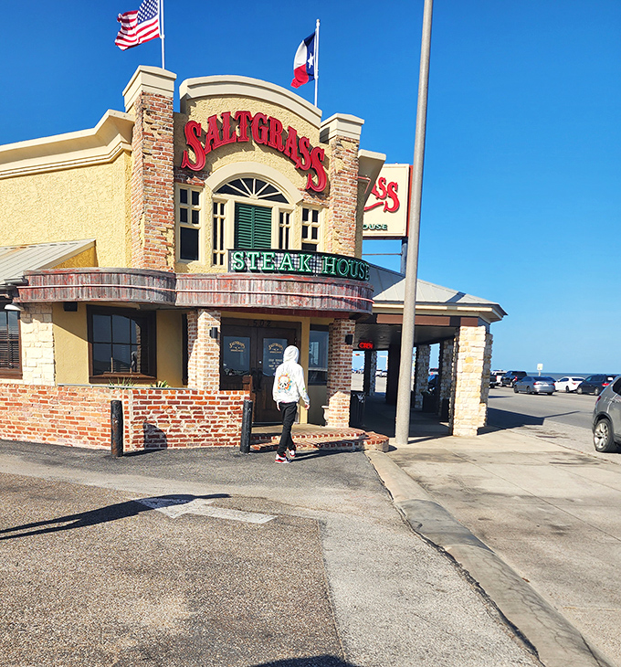 Brick, stone, and a Texas flag &ndash; the architectural equivalent of saying "Howdy, hungry partner!"