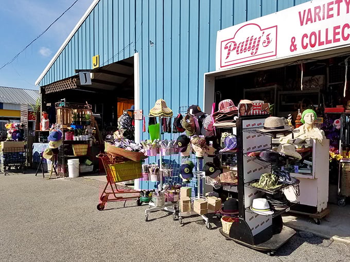 Hat heaven or accessory apocalypse? Smiley's outdoor displays create that perfect "I wasn't looking for this but now I need it" shopping moment.