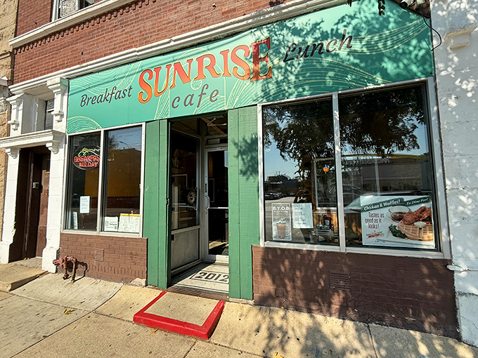 Sunrise Cafe's mint-green storefront promises a fresh start to your day—and delivers with every golden-brown bite.