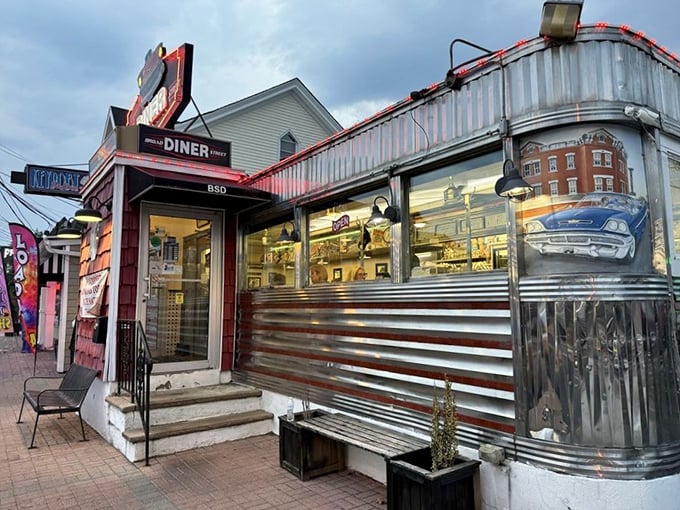 The Broad Street Diner's vintage stainless steel exterior shines like a beacon of hope for the breakfast-obsessed.