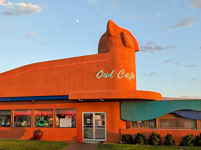 The Owl Cafe's giant orange owl building is architectural whimsy at its finest. Breakfast with personality!