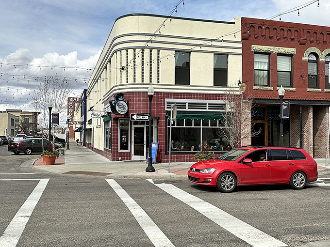The Snakebite Restaurant's corner location anchors downtown Idaho Falls with architectural charm and steak-scented promises.