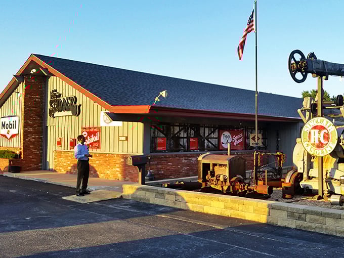 The Spudder wears its oil heritage proudly, with vintage equipment standing guard outside this Tulsa steakhouse.