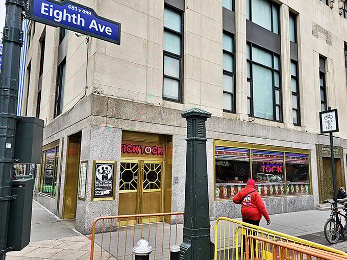 Tick Tock Diner's art deco entrance is like a portal to a time when breakfast was an event, not just a meal to scroll through.