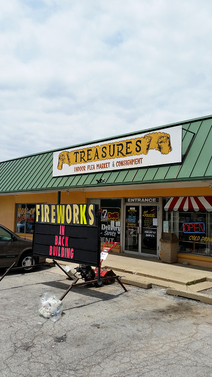 Treasures Flea Market: Where the "FIREWORKS IN BACK BUILDING" sign is the second most exciting thing you'll see today!