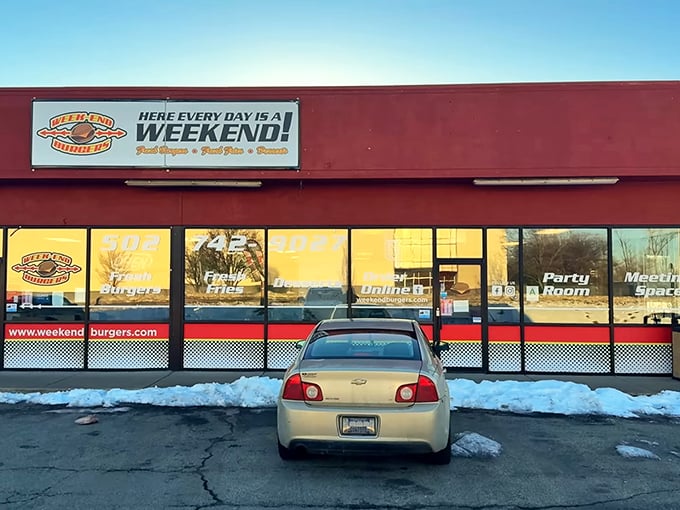 Weekend Burgers' bold red exterior is like that friend who's always ready for a good time, regardless of what day it is.