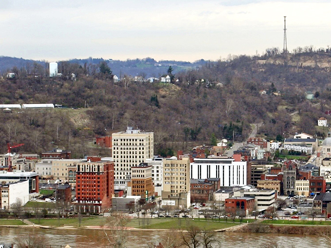 Wheeling's historic buildings stand tall against blue skies, offering character-filled housing options that won't drain your Social Security.