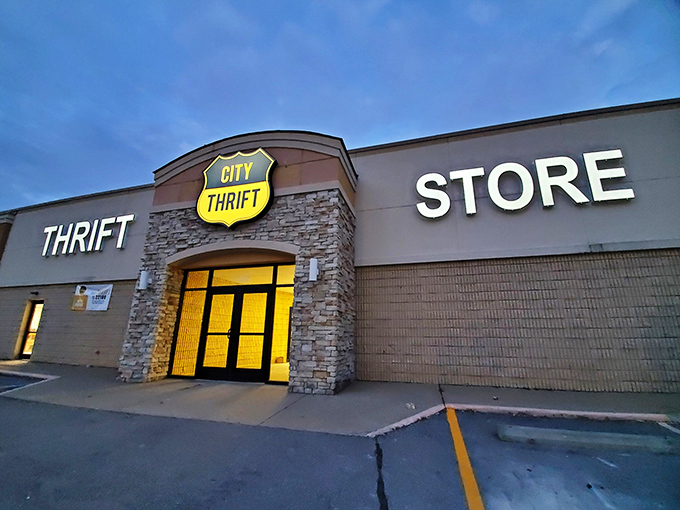 Evening transforms City Thrift into a glowing treasure cave, beckoning night owls to discover one last bargain before closing time.