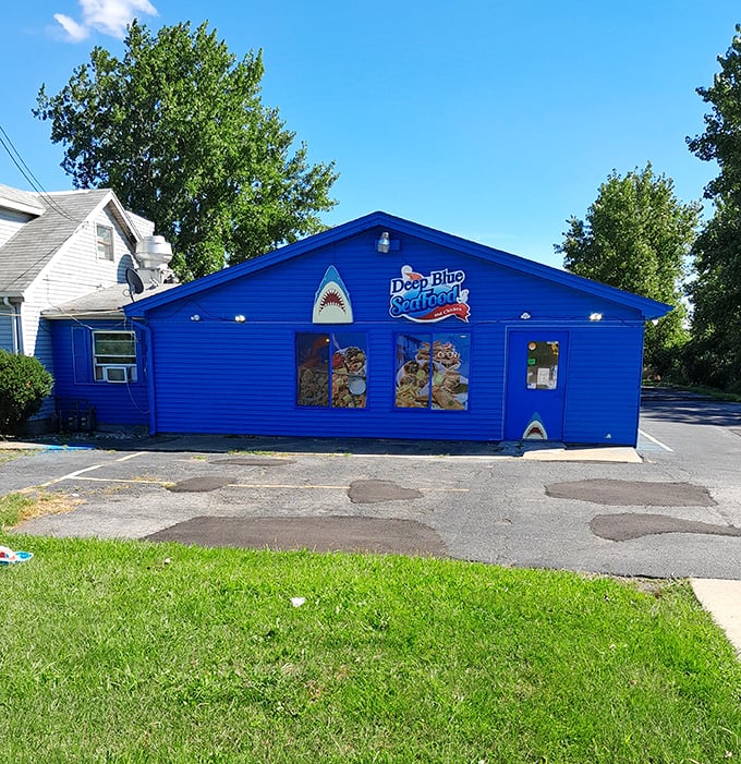 Deep Blue's shark-themed exterior promises oceanic flavors in the heart of landlocked Indiana. 
