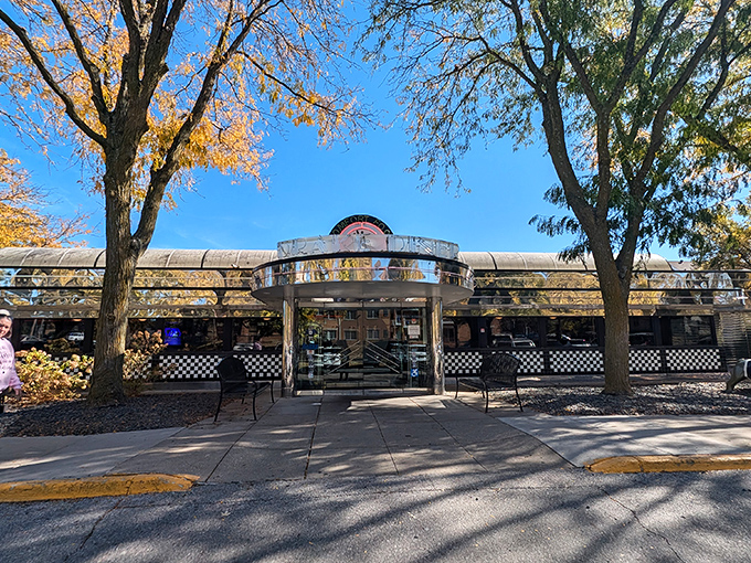 Fall colors frame the Drake Diner's classic silhouette—a chrome-plated paradise where milkshakes are thick and memories are made.