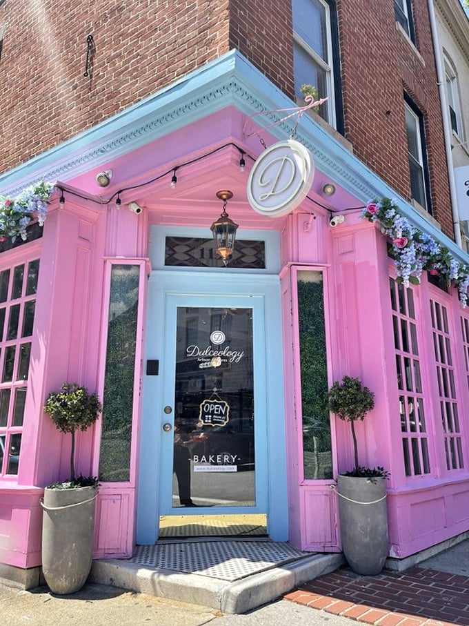 That blue door framed in pink is like a portal to a fairy tale where calories don't count and joy is served fresh.