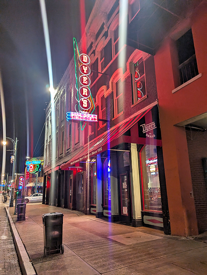 Memphis nights and burger delights! Dyer's historic storefront glows with the promise of century-old burger traditions.