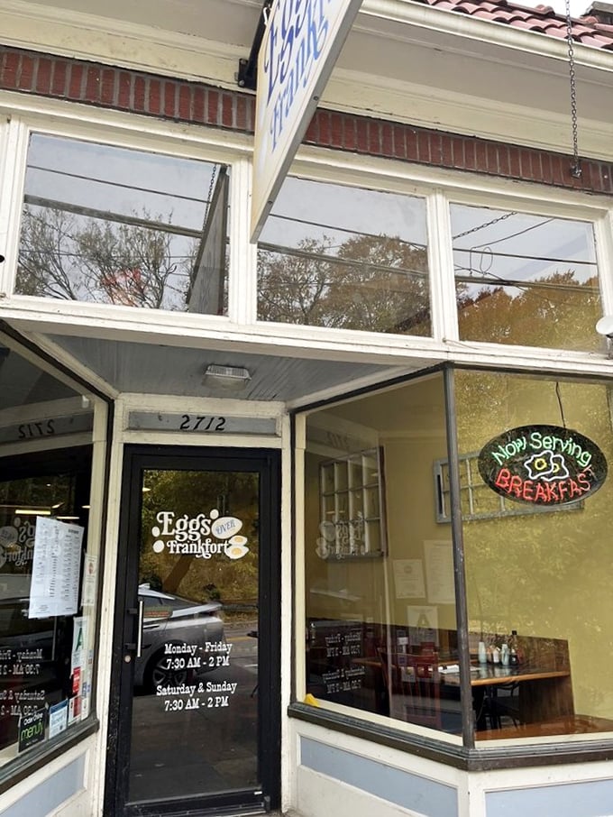 Eggs Over Frankfort: "Where breakfast dreams come true! That neon 'Now Serving Breakfast' sign is the most honest advertising in town."