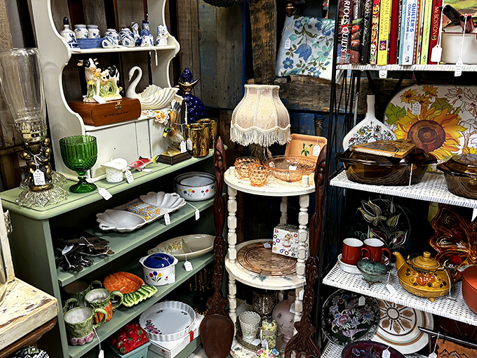 Shelves of colorful treasures at Finders Keepers create a visual feast. That green Depression glass would make your grandmother swoon!