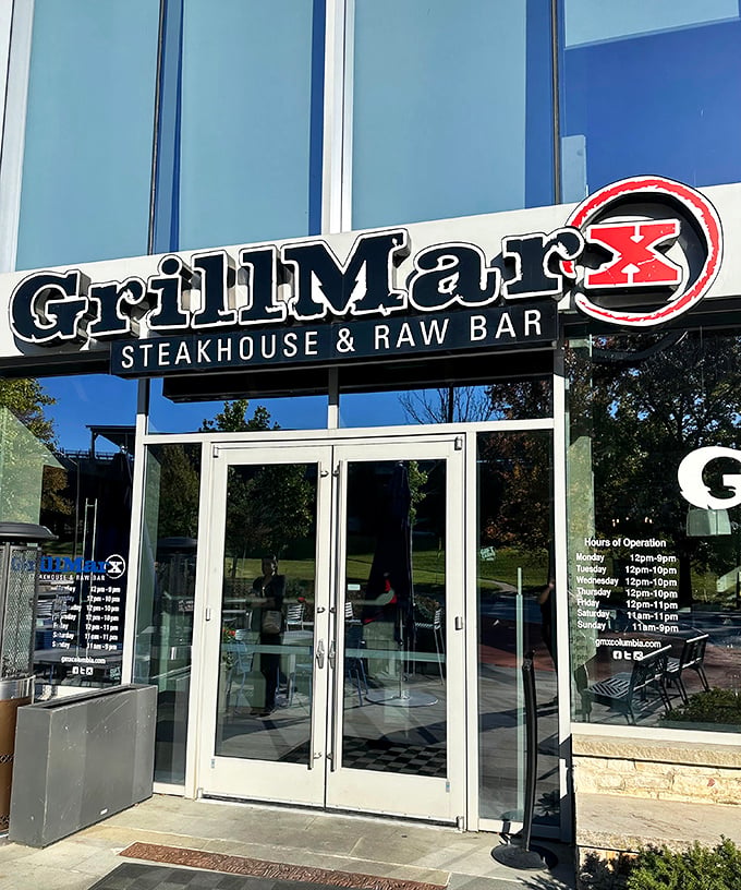 GrillMarx's stylish entrance signals a fresh approach to the steakhouse experience, where traditional quality meets modern presentation.