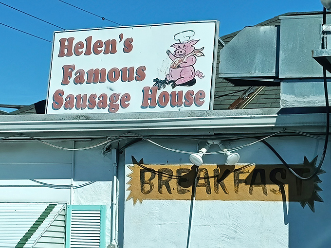 That hand-painted sign has been guiding hungry travelers to sausage nirvana longer than most GPS systems have existed.
