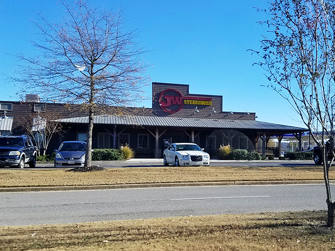 The sun shines bright on JW's welcoming exterior - inside, cowboy-sized steaks await the brave and the hungry.