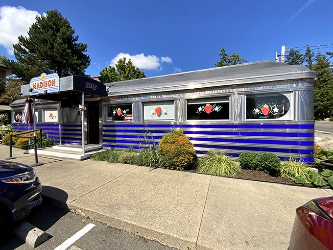 This gleaming silver beauty with its distinctive blue stripe makes you feel like you've stepped into a 1950s postcard &ndash; with better coffee.
