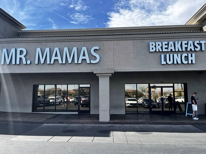 The clean lines of Mr. Mamas' storefront hide the beautiful chaos of perfectly scrambled eggs and sizzling bacon within.