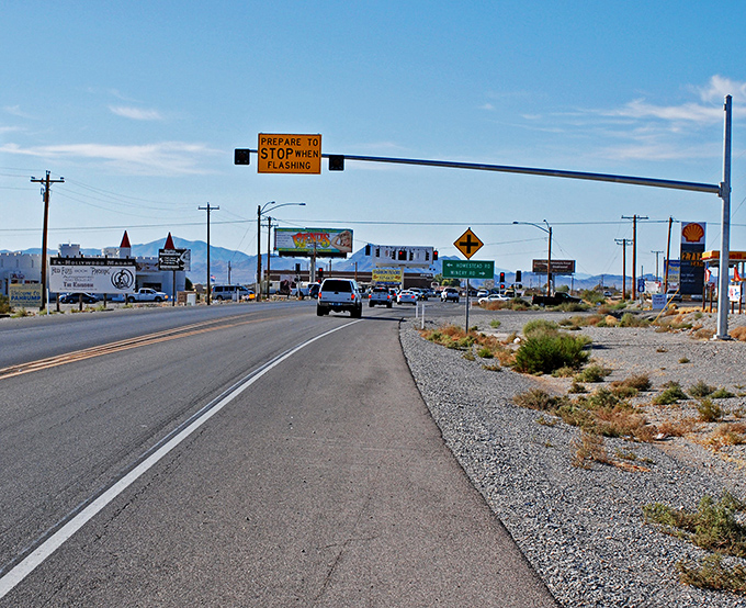The main drag through Pahrump might not look fancy, but those mountains and blue skies come standard with every affordable home.