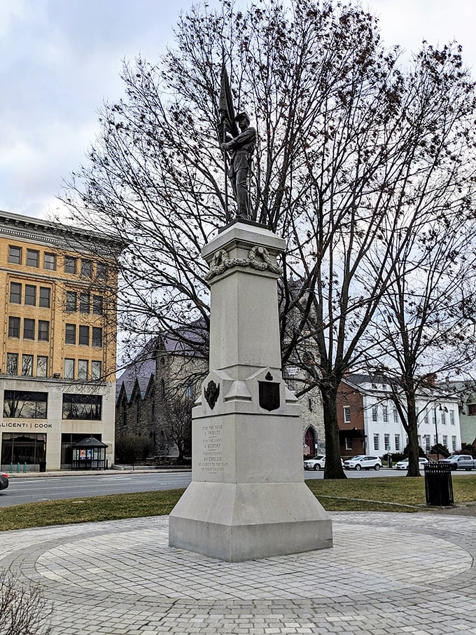 In Pittsfield, you can explore the historic Park Square, where this grand stone monument honors the city&rsquo;s past amidst beautiful architecture.