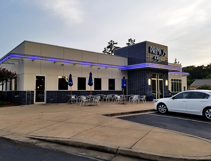 When the evening light hits those blue tiles just right, Primos transforms from breakfast haven to twilight dinner spot &ndash; the pancakes are fabulous at any hour.