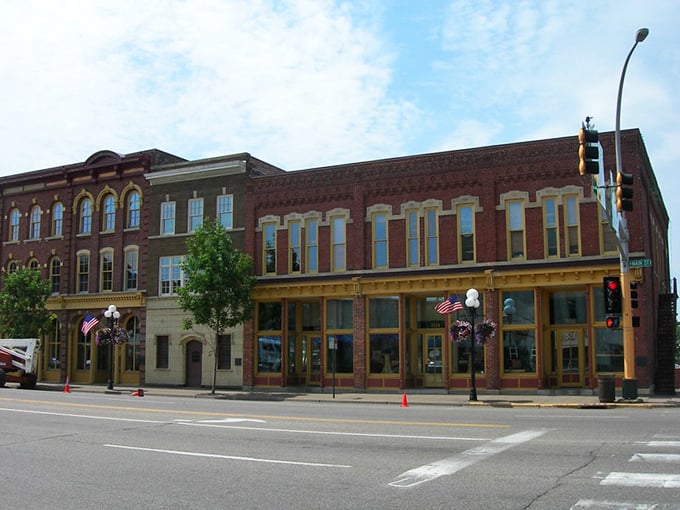 Downtown Red Wing stretches toward the horizon, its historic buildings standing tall like they're posing for a small-town beauty pageant.