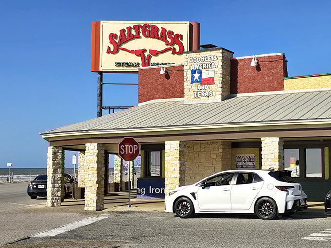 That red sign promises legendary steaks with a side of Gulf breeze &ndash; beef and beach, together at last.