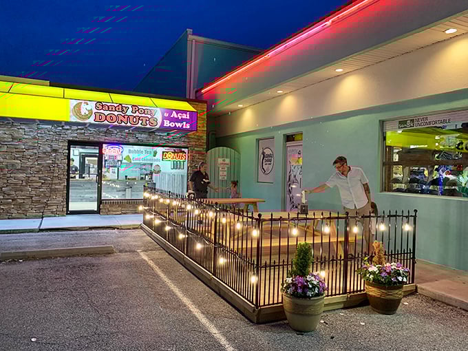 When the sun sets and the lights come on, Sandy Pony transforms into a magical donut wonderland that makes adults feel like kids again.