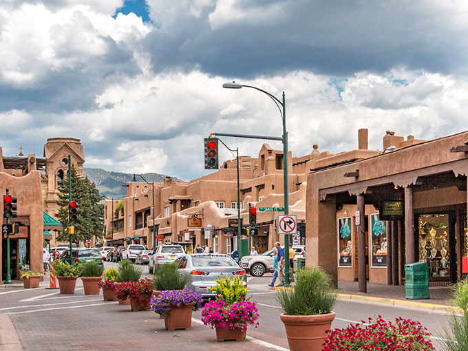 Santa Fe's plaza bursts with color from both the architecture and the flower boxes lovingly maintained by local businesses.