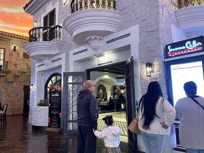 The sunset glow on Sonoma Cellar's white stone exterior is nature's way of highlighting a Nevada treasure.