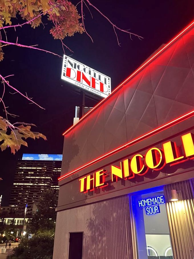 Nicollet Diner at night: "When the neon glows and the griddle sizzles at 2 AM, you know you've found Minneapolis's nighttime breakfast sanctuary."