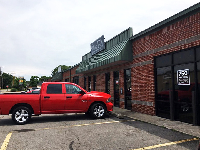 Red truck meets brick building&mdash;a classic Americana scene outside, unexpected treasures within. The retail equivalent of a chocolate with surprise filling.