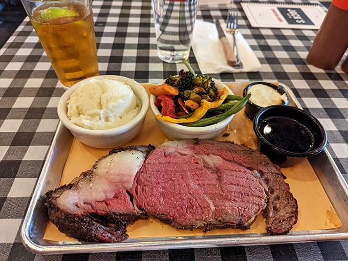 Prime rib with that perfect rosy center, mashed potatoes, and vegetables that somehow don't feel like punishment. Balance achieved.