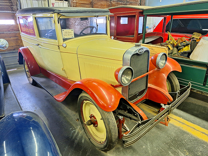 The 1928 Chevy sedan's two-tone charm could make anyone nostalgic for an era they never experienced. Sunshine yellow and russet details pop against the rustic backdrop.