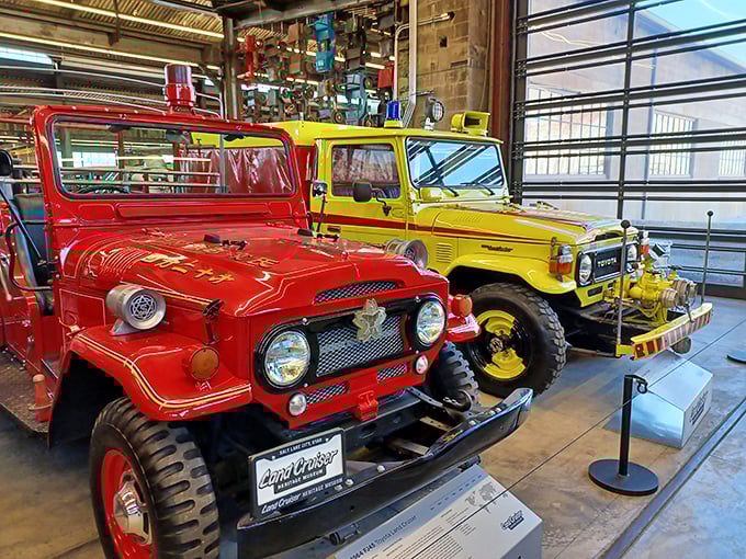 The vibrant red fire truck stands ready for duty, a reminder that Land Cruisers weren't just for adventure seekers but essential service vehicles worldwide.
